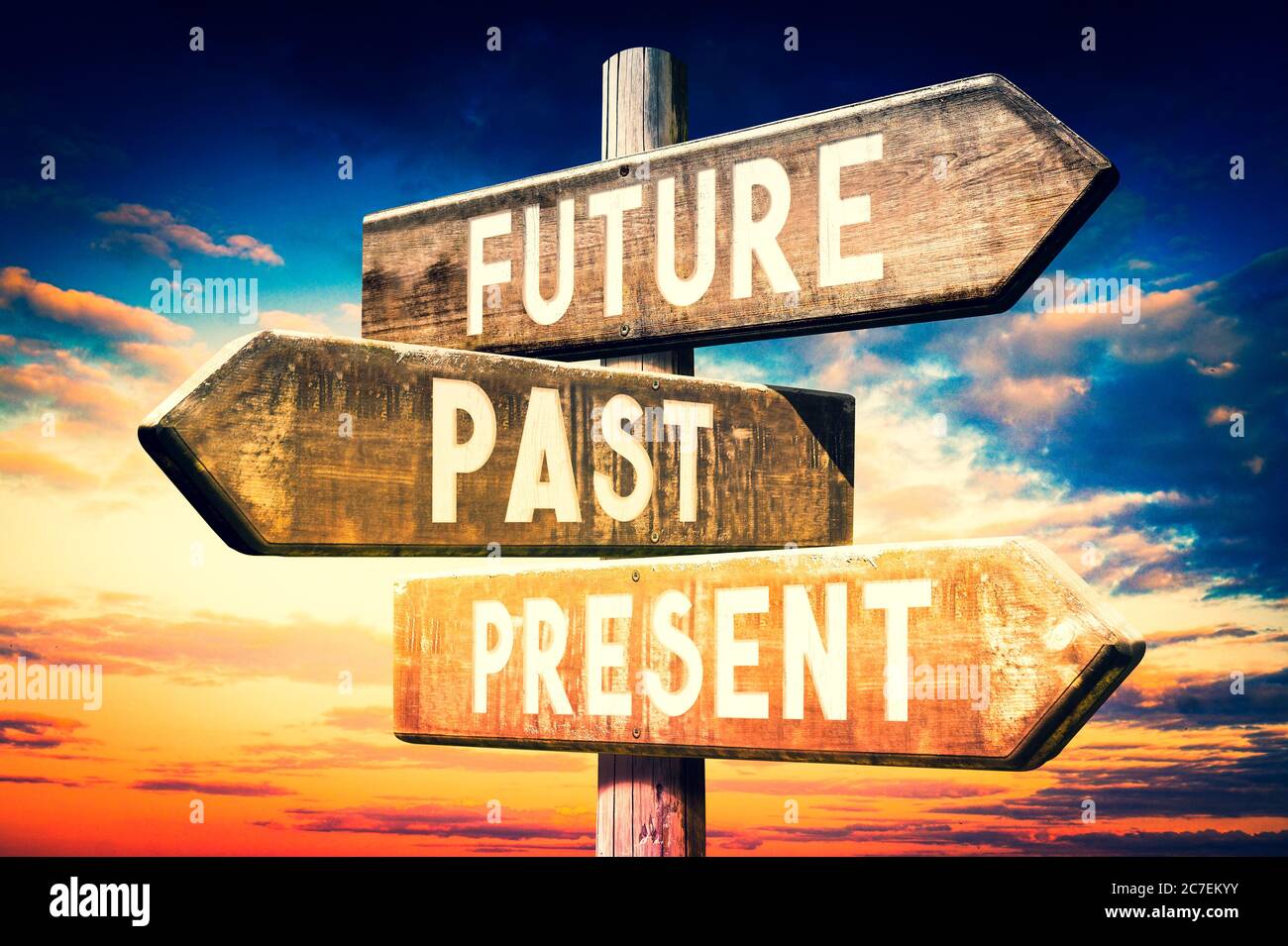 Future, past, present - wooden signpost, roadsign with three arrows ...