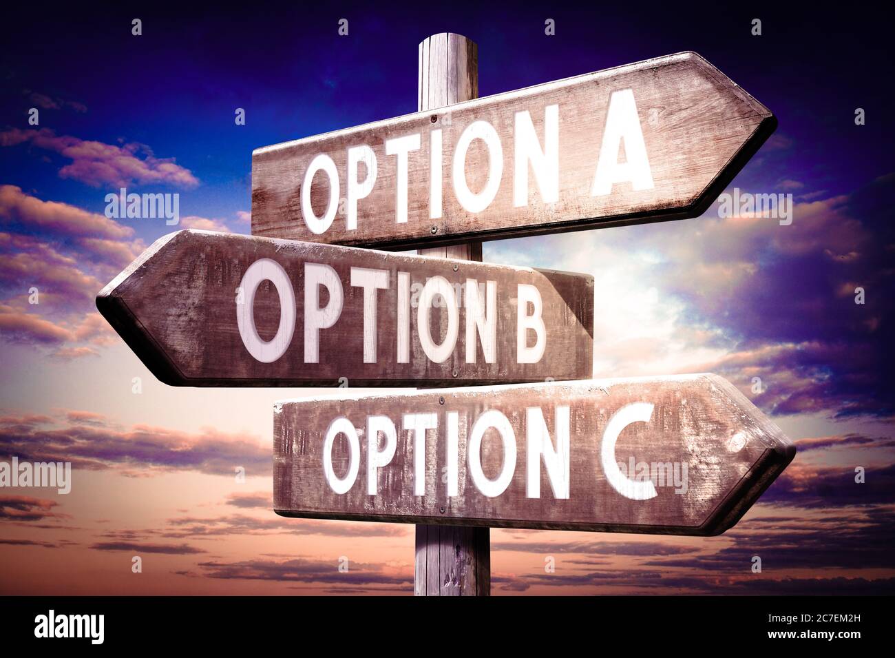 Option A, B, C - wooden signpost, roadsign with three arrows Stock ...
