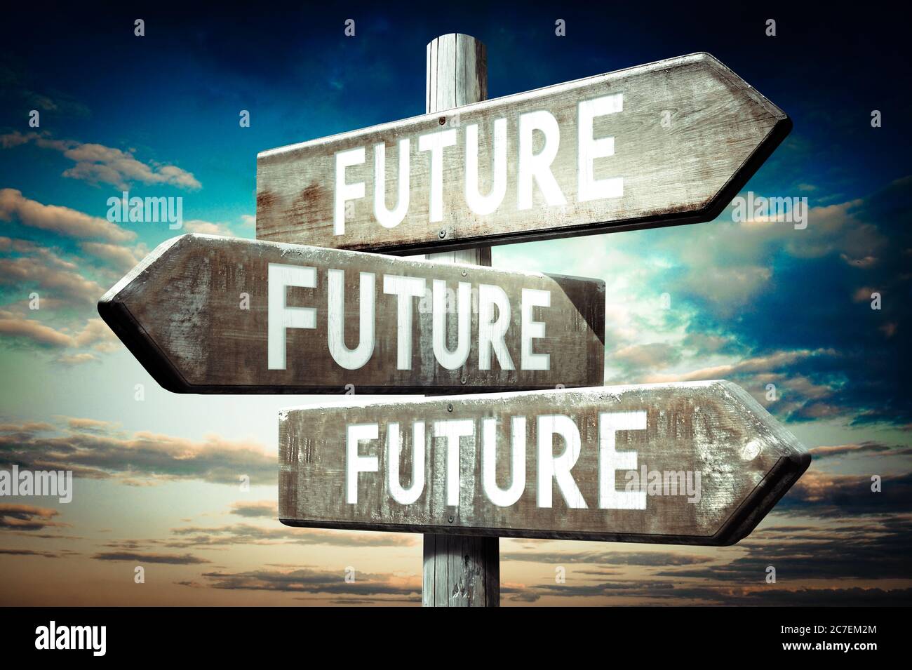 Future - wooden signpost, roadsign with three arrows Stock Photo - Alamy