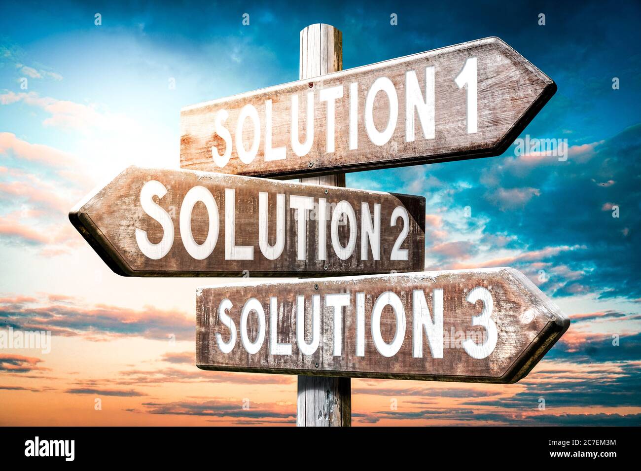 Solution 1, 2, 3 - wooden signpost, roadsign with three arrows Stock ...