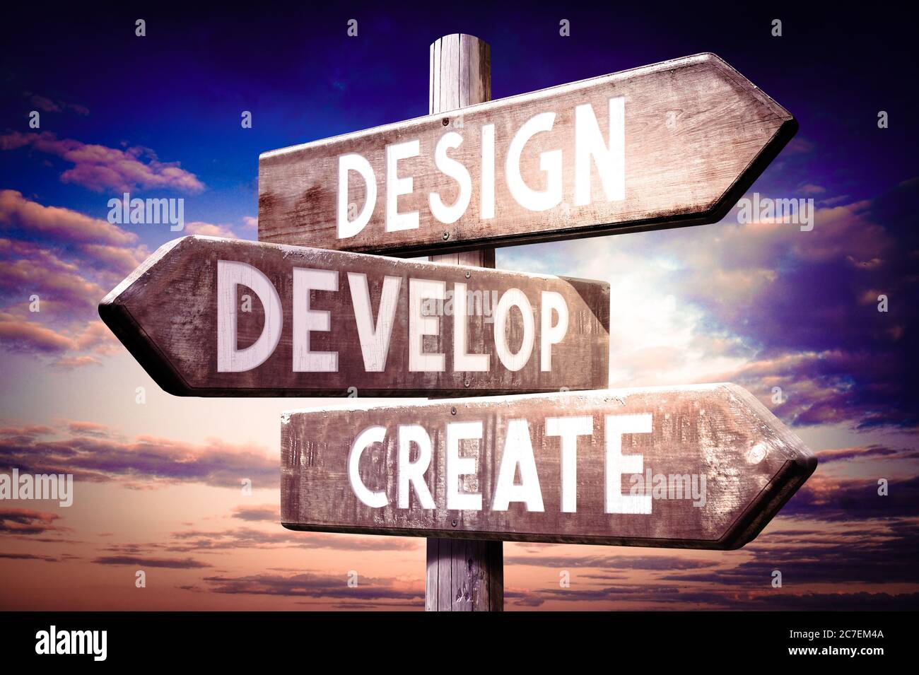 Design, develop, create - wooden signpost, roadsign with three arrows ...