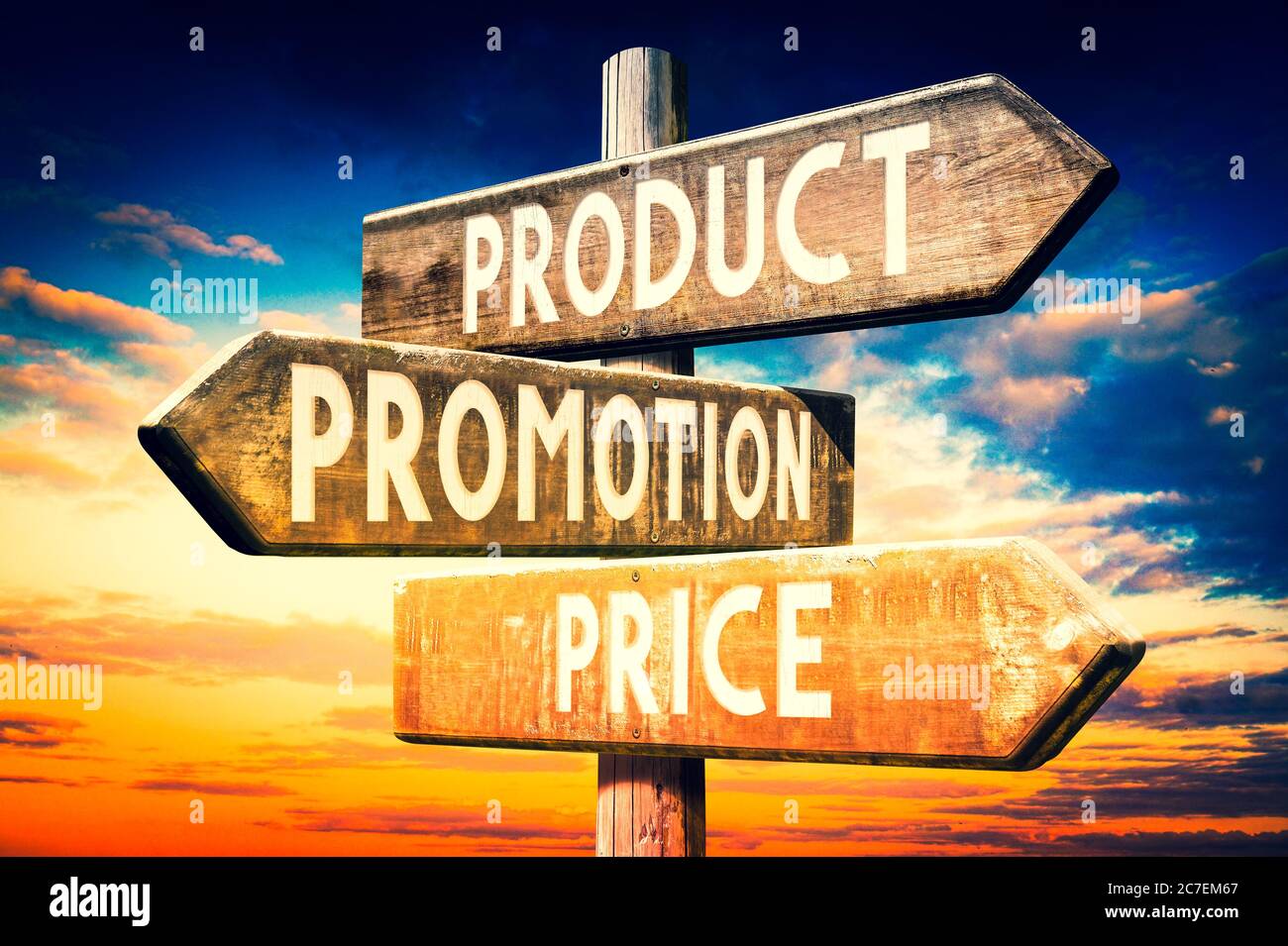 Product, promotion, price - wooden signpost, roadsign with three arrows ...