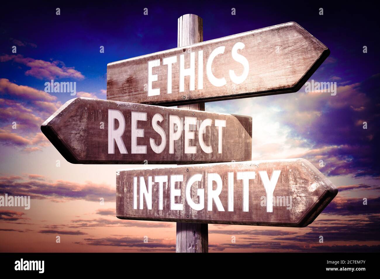 Ethics, respect, integrity - wooden signpost, roadsign with three ...