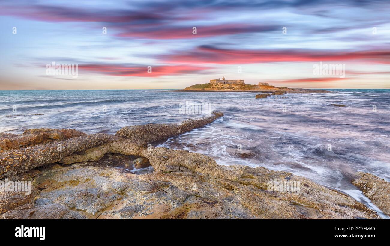 Colorful spring seascape on the Passero cape Sicily. Dramatic morning ...