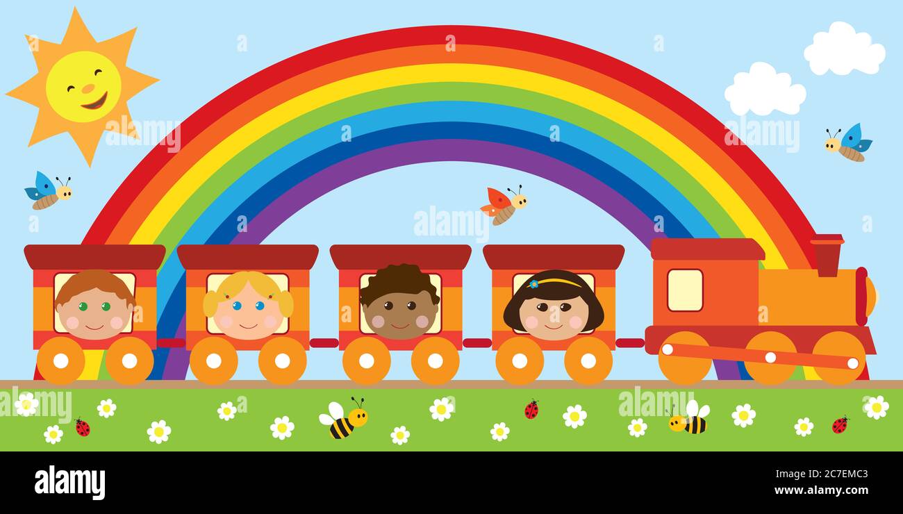 Kids being happy in the train on nature with smiley sun, a rainbow ...