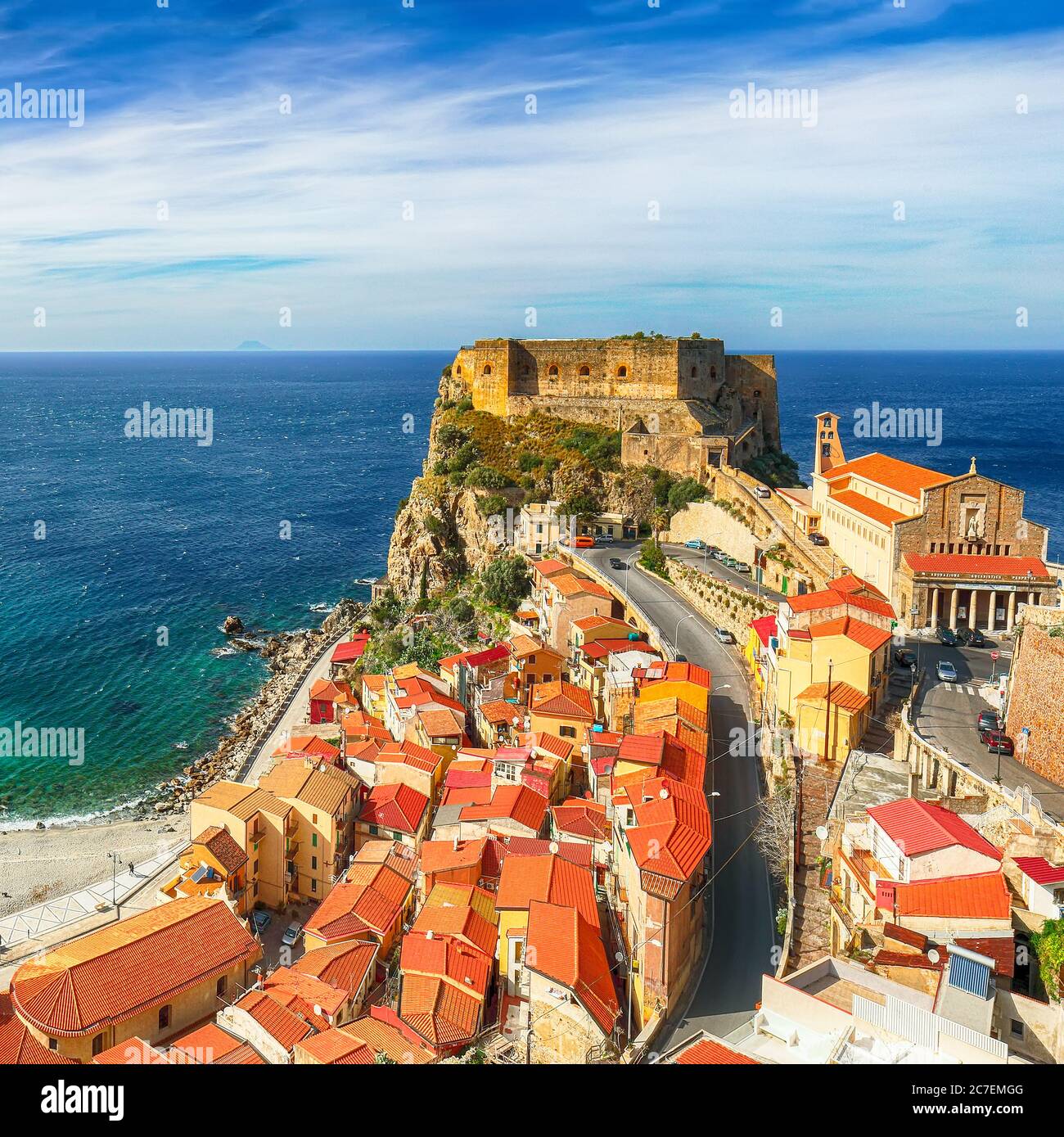 Beautiful seaside town village Scilla with old medieval castle on rock ...