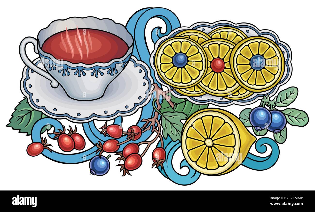 Tea, berries, fruits hand drawn illustration Stock Vector Image & Art ...