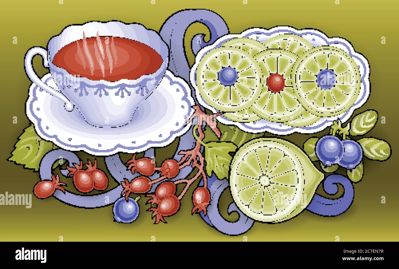Tea, berries, fruits hand drawn illustration Stock Vector Image & Art ...