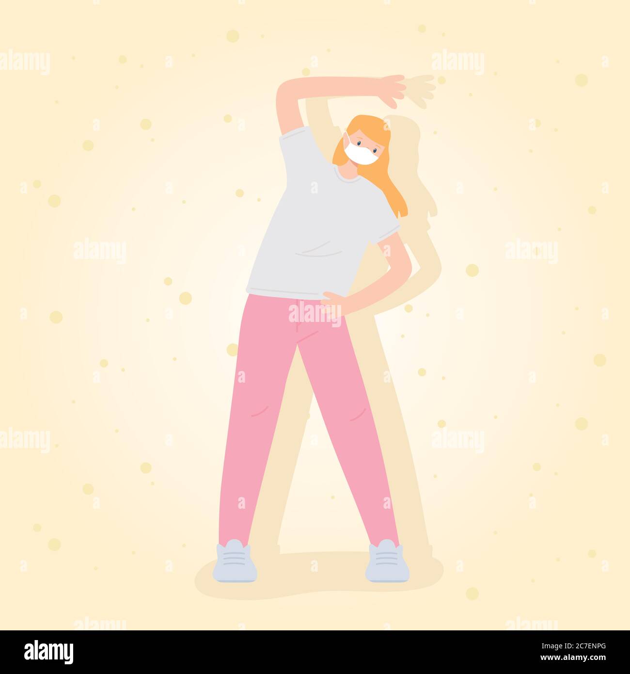 people with medical face mask, blonde woman practicing exercise ...