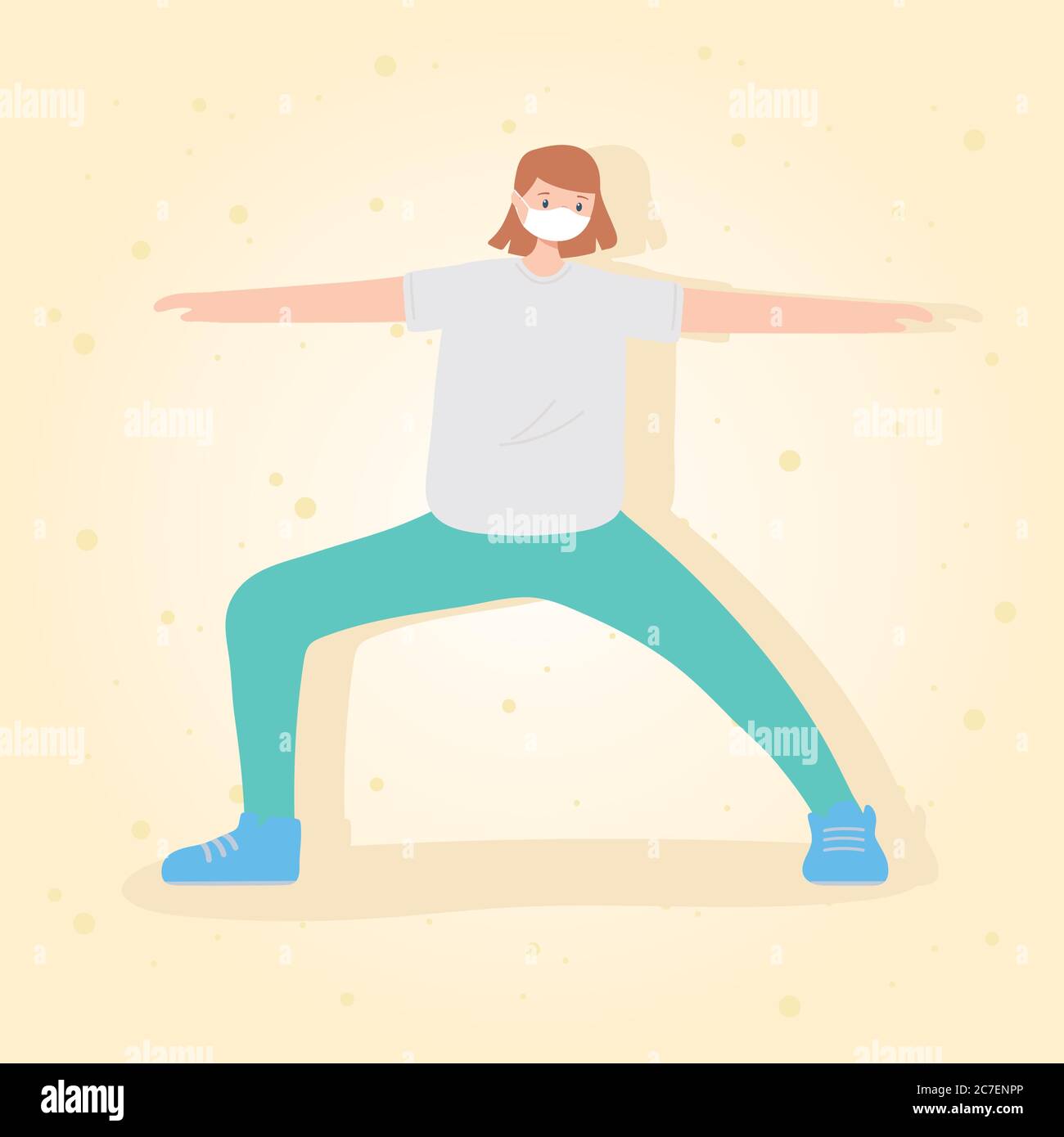 people with medical face mask, young woman practicing exercise ...