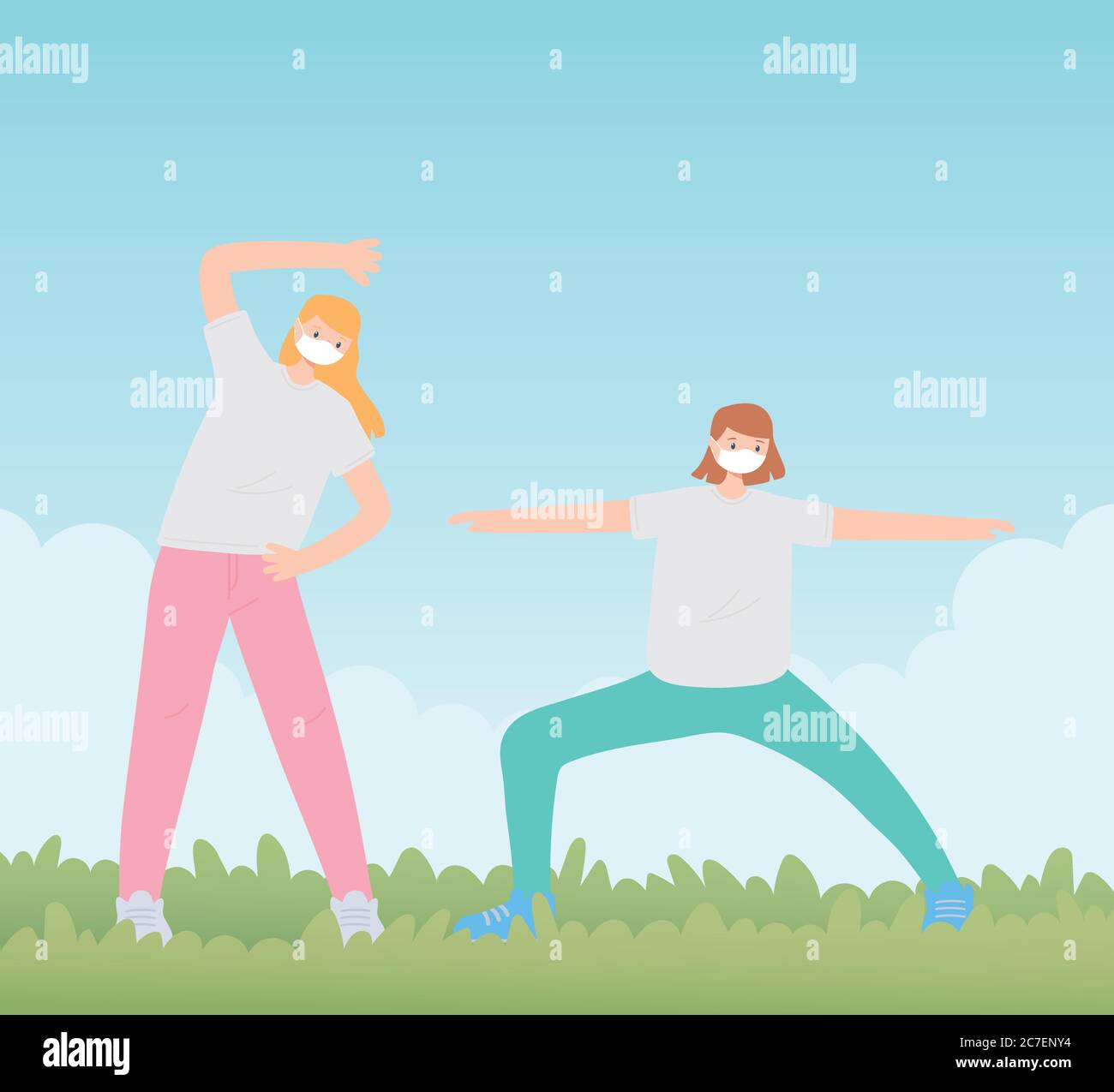 people with medical face mask, two women practicing exercises outdoor ...
