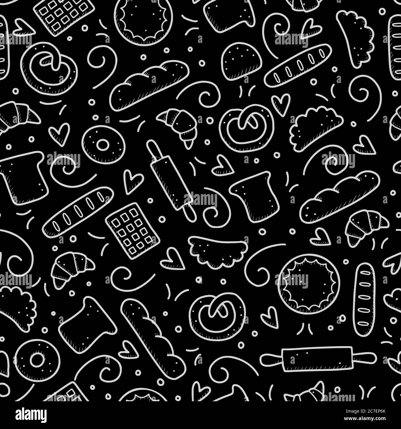 Hand drawn seamless pattern of bakery elements, bread, pastry ...