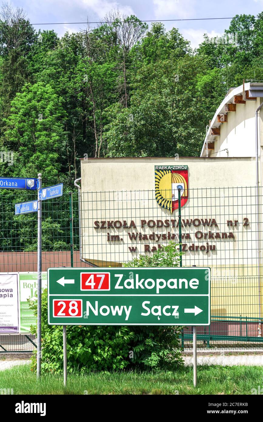 Poland, Rabka Zdroj: Road signs showing the way to some popular tourist ...