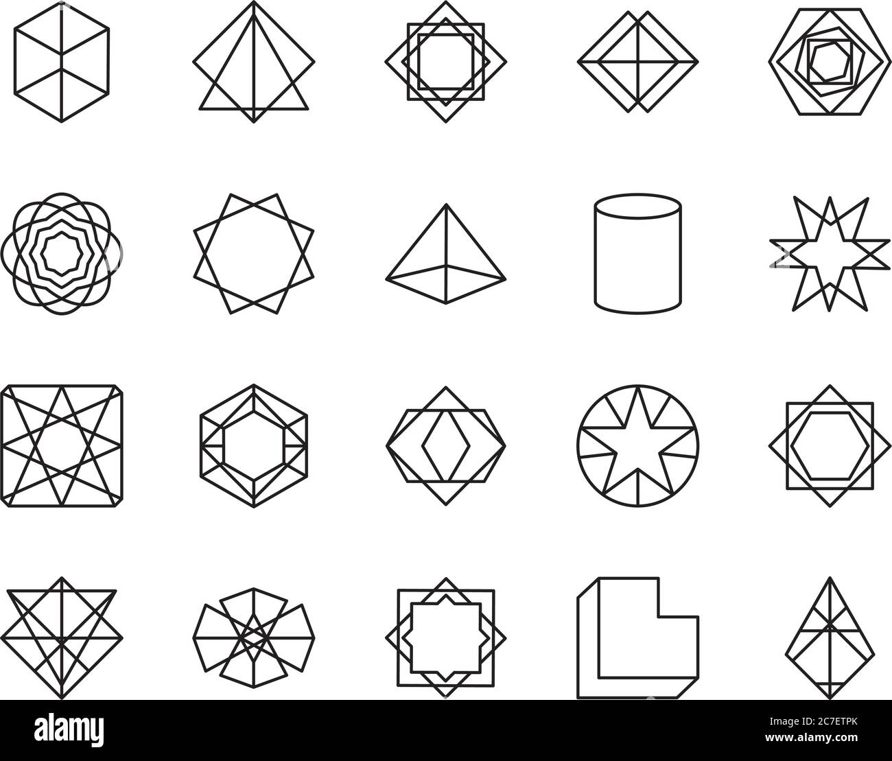 cube and geometric shapes icon set over white background, line style ...