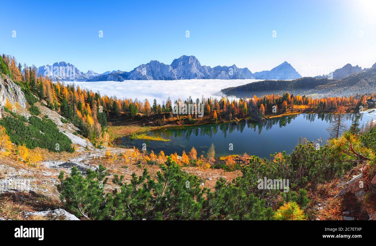 Wonderfull autumn view with colour sky, majestic rocky mount and ...