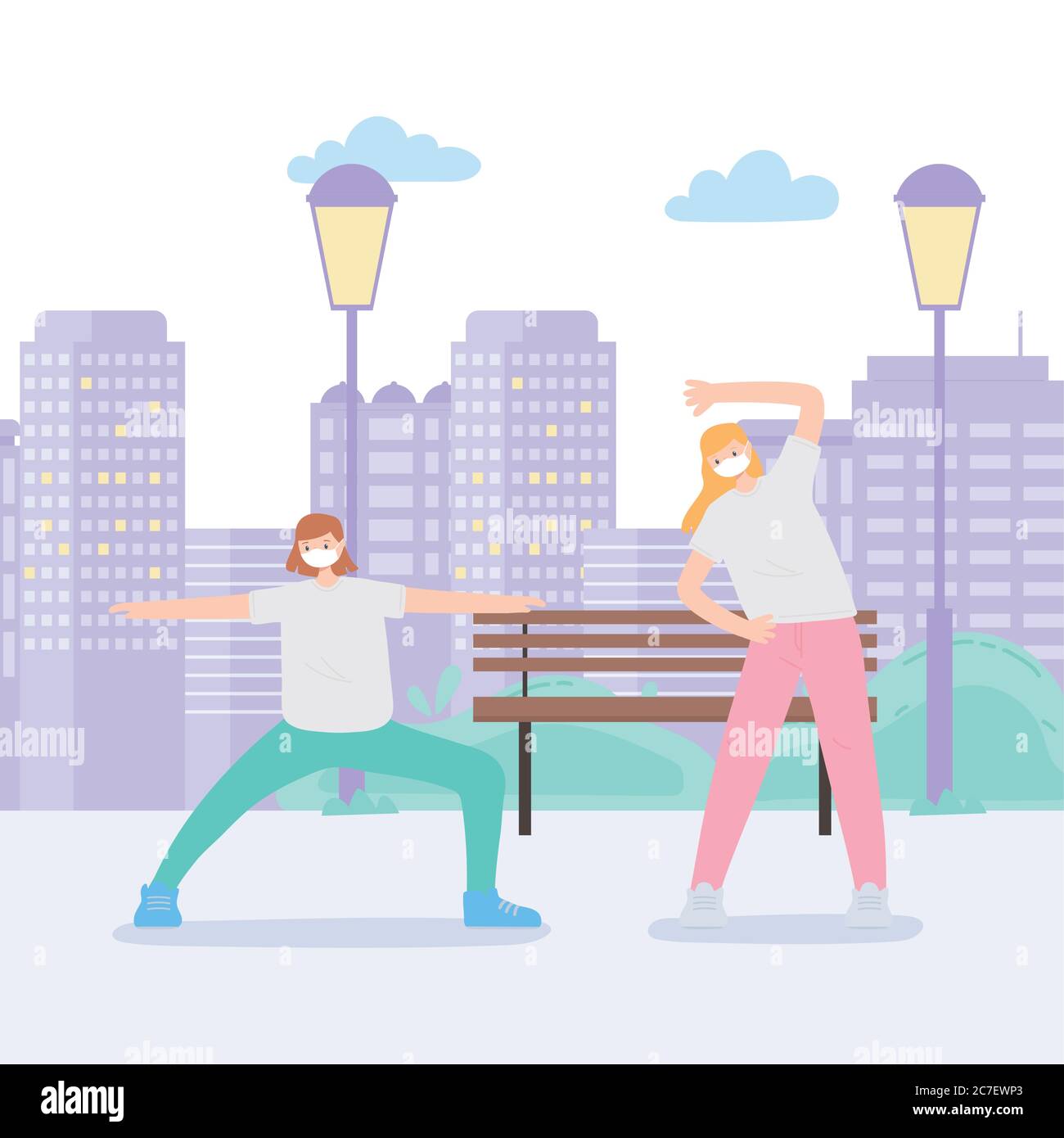 people with medical face mask, young women practicing exercise in the ...