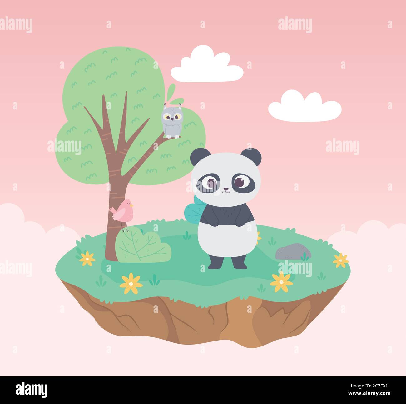 cute panda bird and owl in branch animals cartoon meadow tree and ...