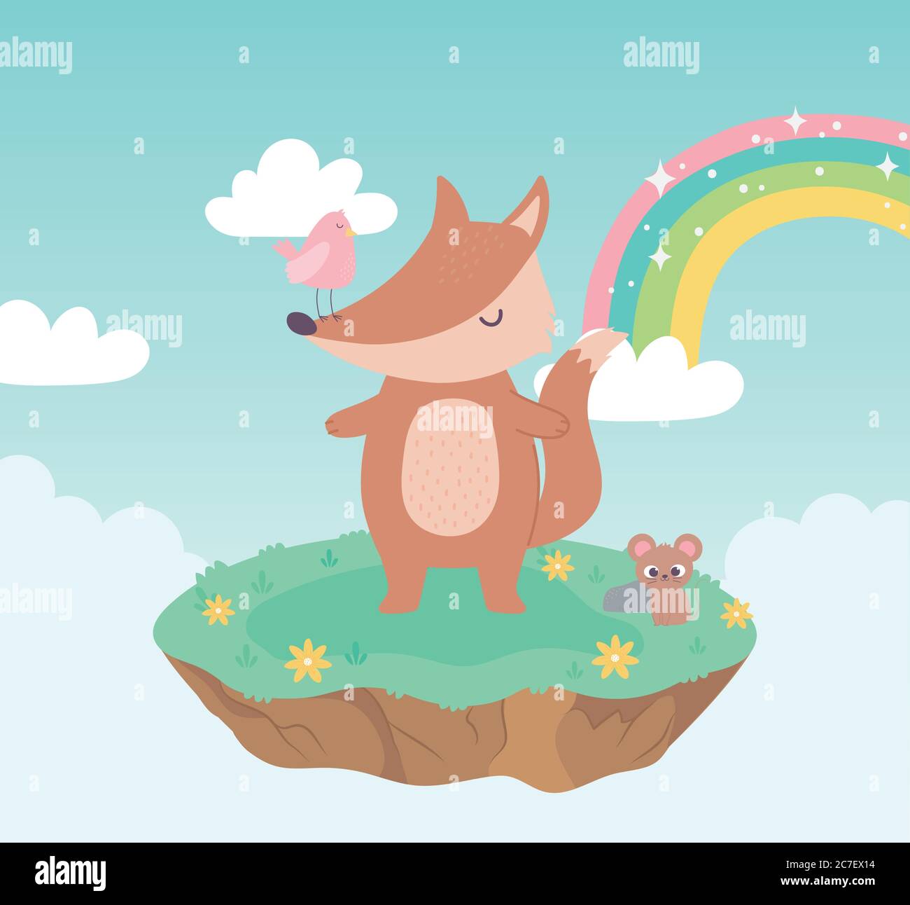cute fox bird and mouse animals adorable with flowers and rainbow ...