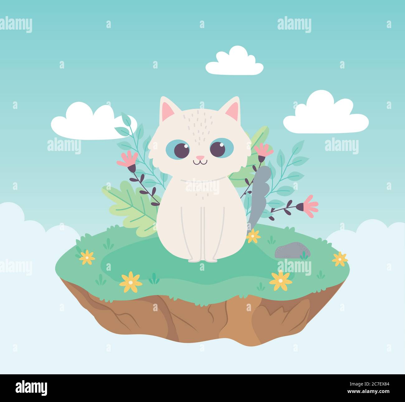 cute cartoon animal adorable little cat mascot with flowers vector ...