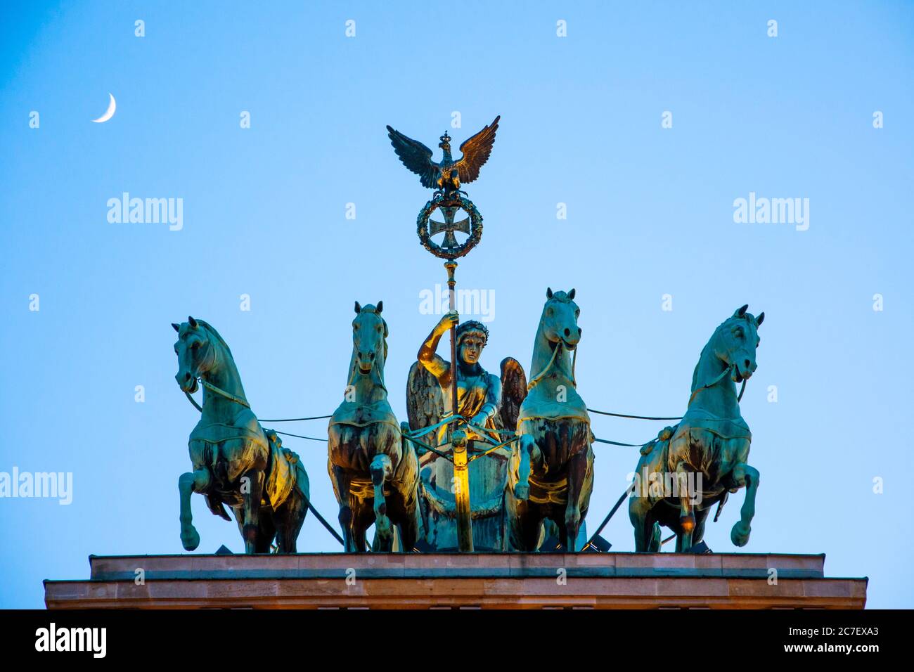 BERLIN, GERMANY - May 2016: Quadriga sculpture atop Brandenburg Gate, a ...