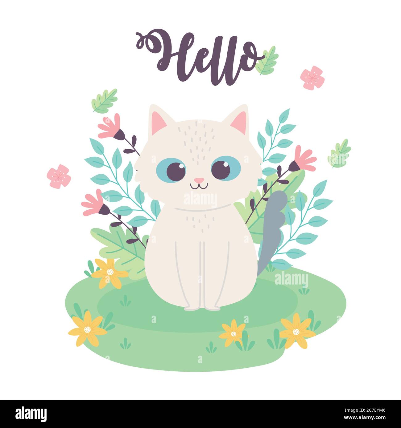 cute little cat flowers sitting in the meadow cartoon vector ...