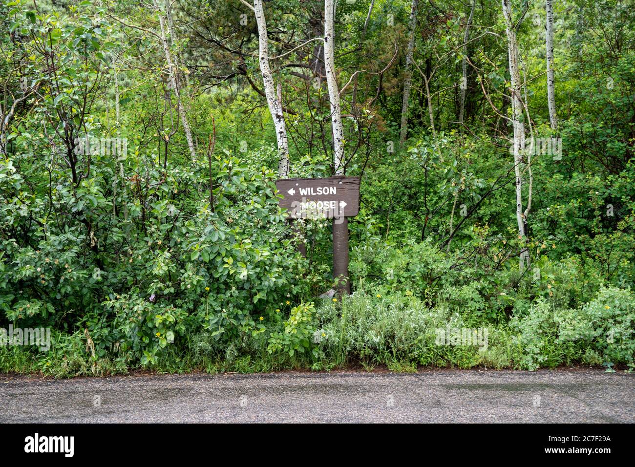Directional sign with the towns of Moose and Wilson, along Moose-Wilson ...