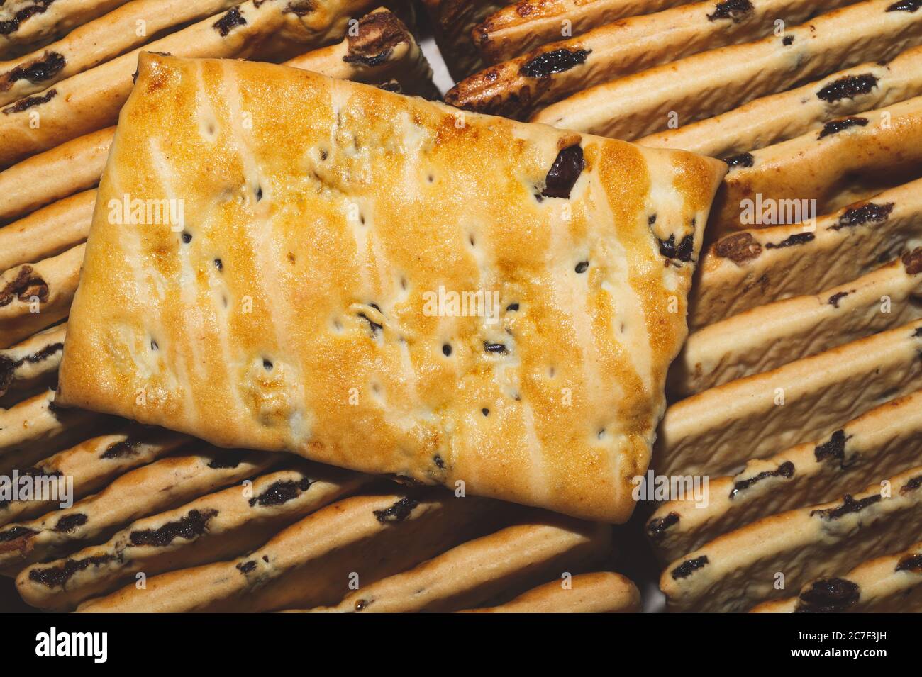 Cookies with raisins. rectangular biscuits close up Stock Photo - Alamy