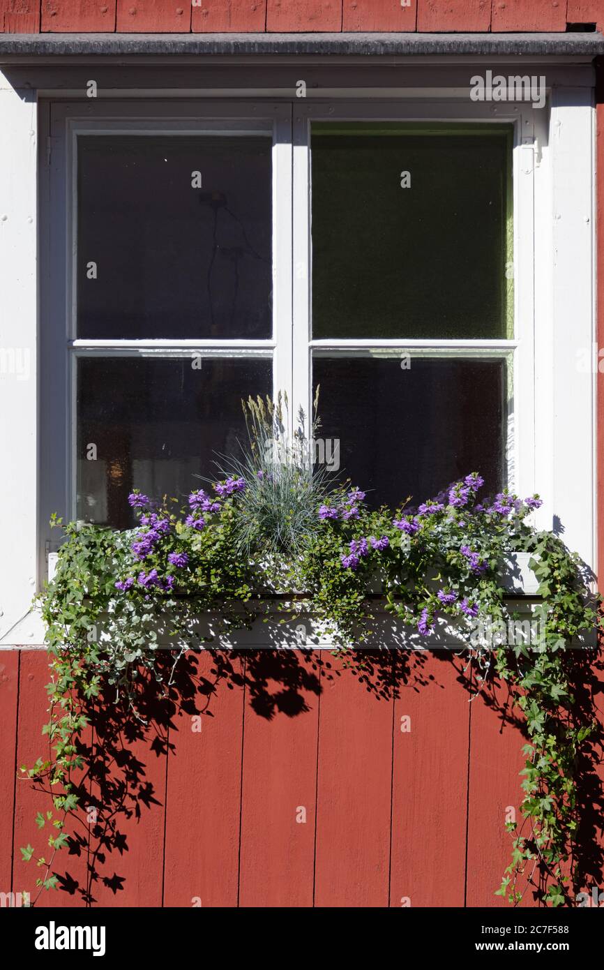 Background. Windows in a wooden house. Scandinavian architecture, old ...