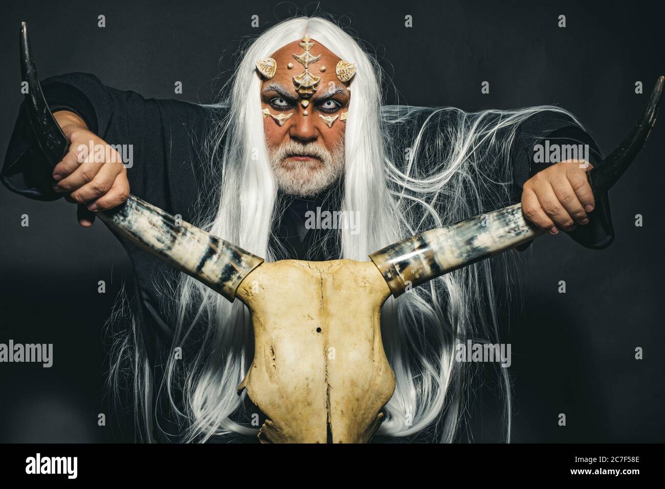 Vampire man with white eyes. Monster with sharp thorns and warts on ...