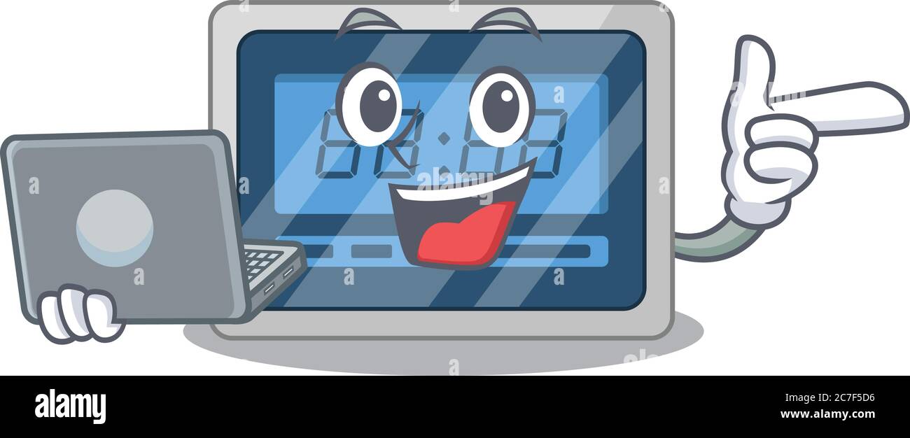 Smart cartoon character of digital timer studying at home with a laptop ...