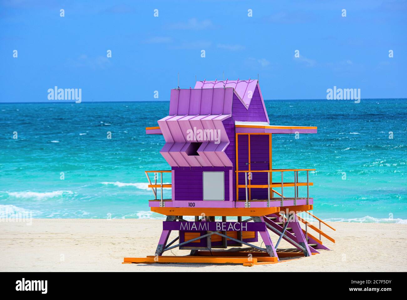 Miami South Beach skyline. Lifeguard tower in colorful Art Deco style ...