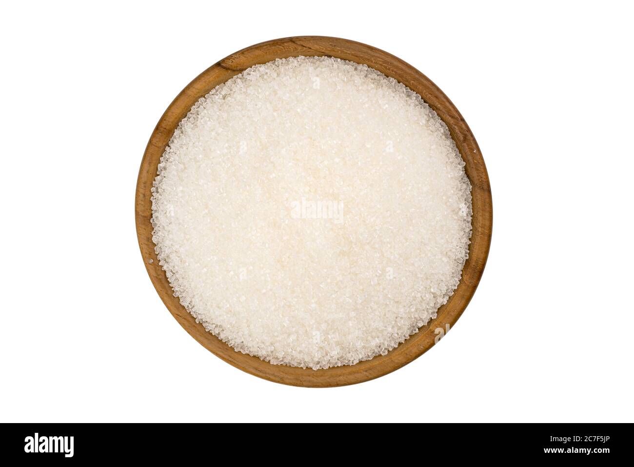 Top view of refined granulated sugar in wooden bowl on white background ...