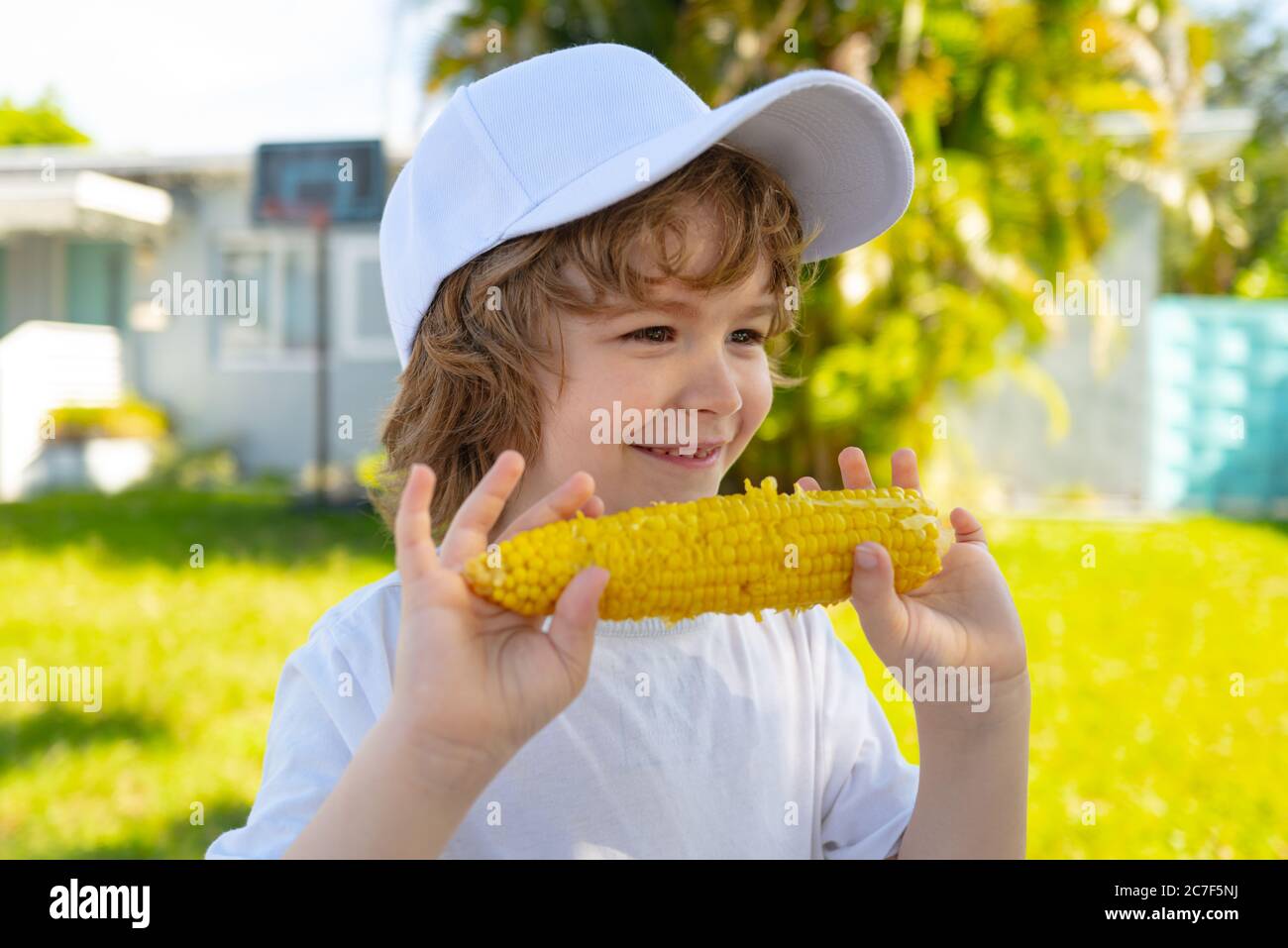 Kid boy having fun with food vegetables corn. Child in the garden, corn ...