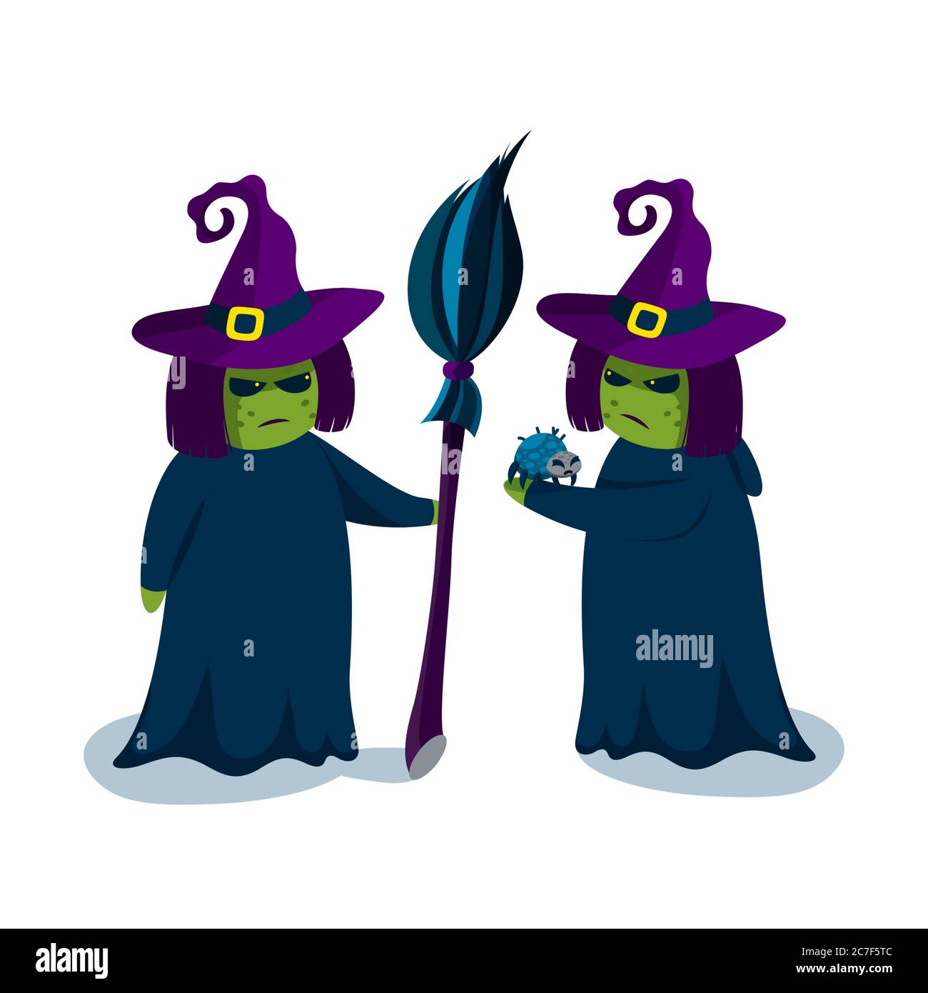 Two witches in hats with broom and spider. Spooky Halloween characters ...