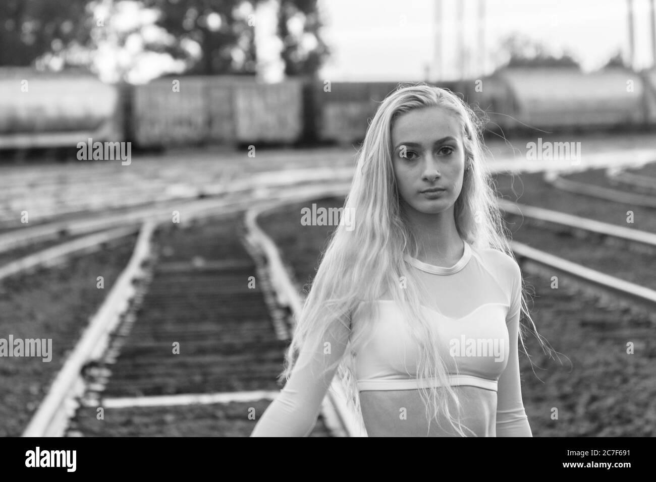 BUFFALO, UNITED STATES - Aug 30, 2018: A greyscale of a blonde girl on ...