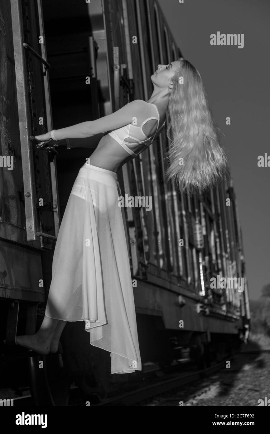 BUFFALO, UNITED STATES - Aug 30, 2018: A greyscale of a blonde model ...