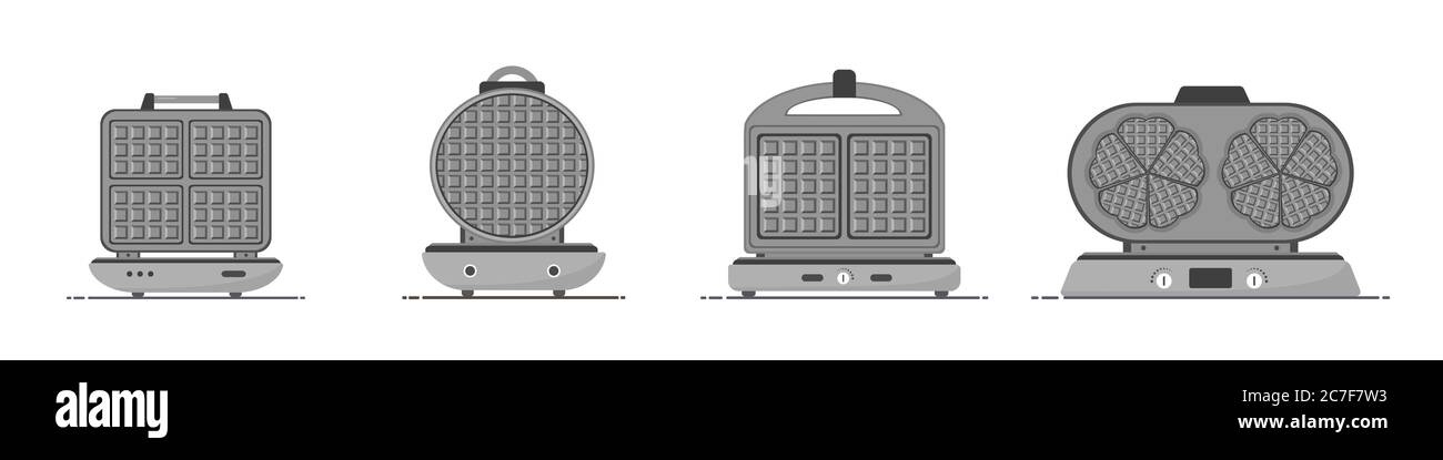 Waffle-iron. Set of waffle makers isolated on white. Cooking breakfast ...