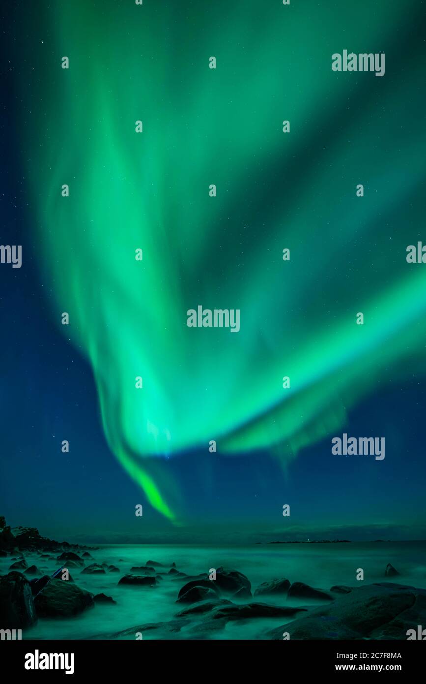 Northern Lights Aurora Borealis Over The Atlantic Ocean Utakleiv