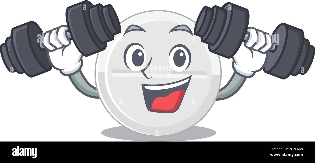 Muscular tablet drug mascot design with barbells during exercise Stock ...