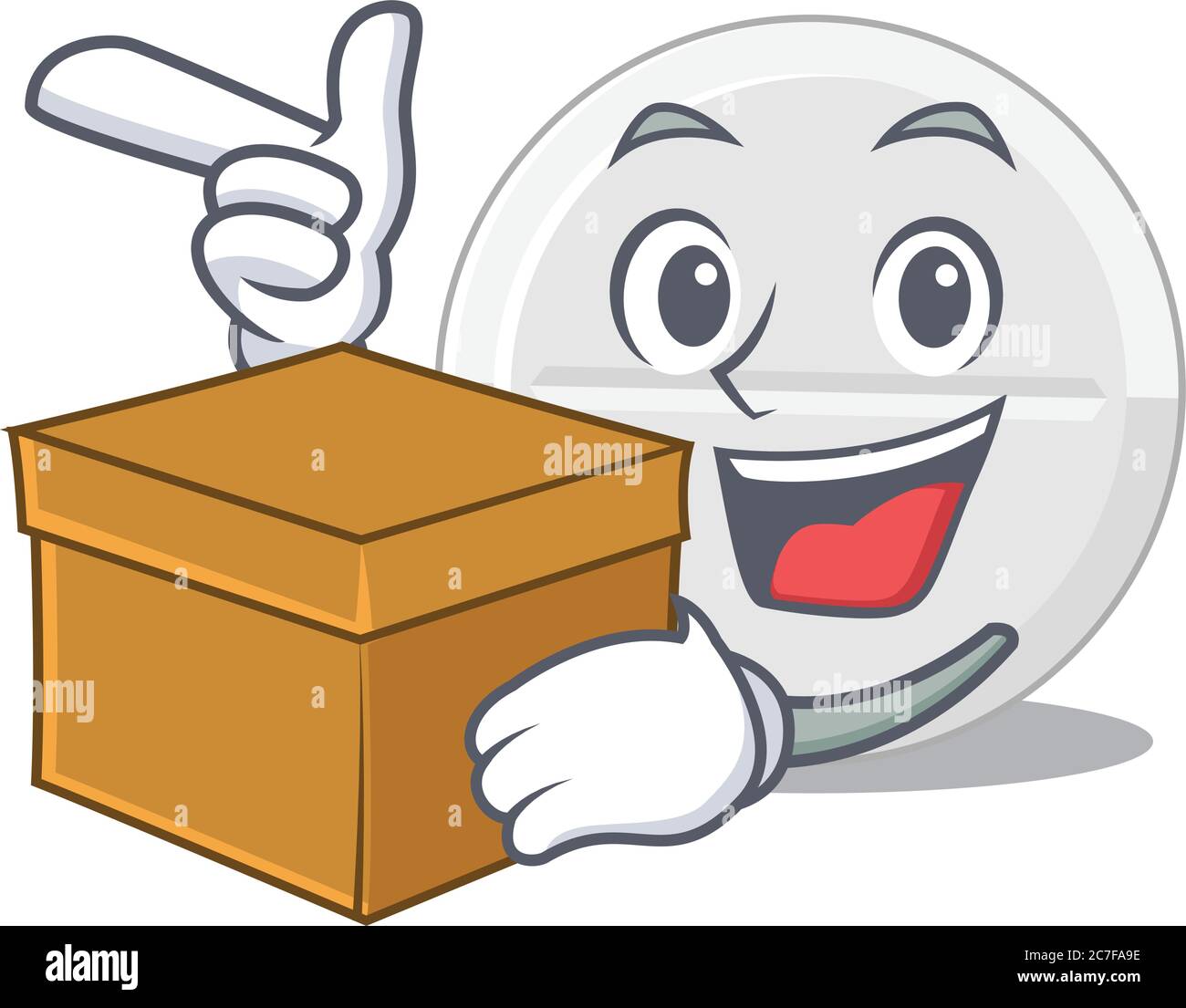 A smiling tablet drug cartoon mascot style having a box Stock Vector ...