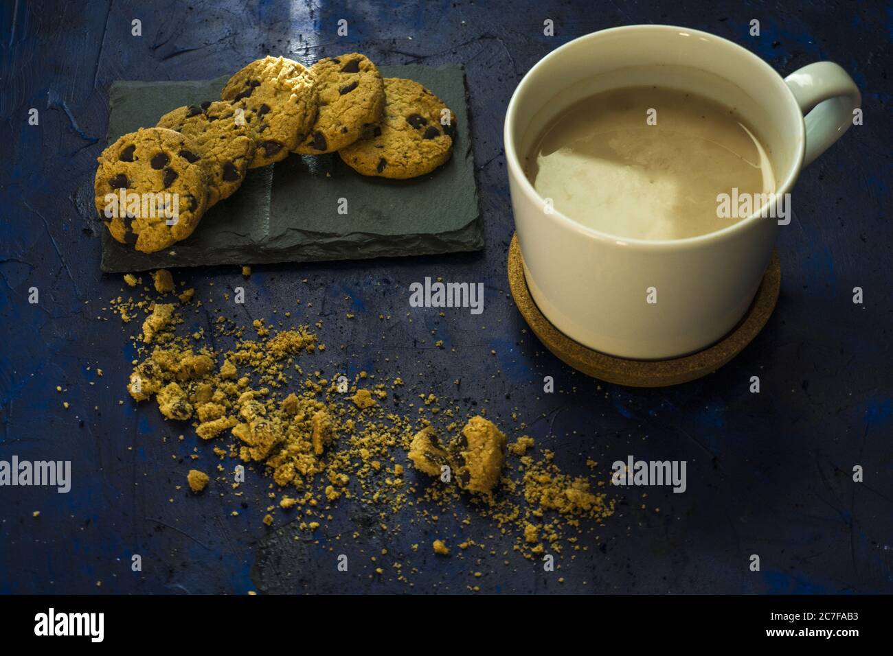 High angle shot of a delicious warm cup of coffee with chocolate chip ...