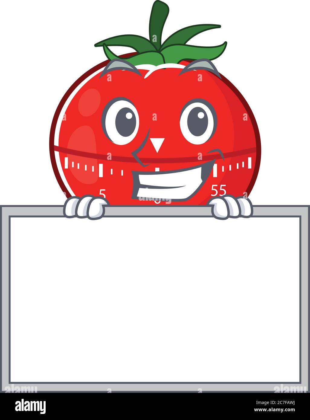 Funny cartoon design style tomato kitchen timer standing behind a board ...