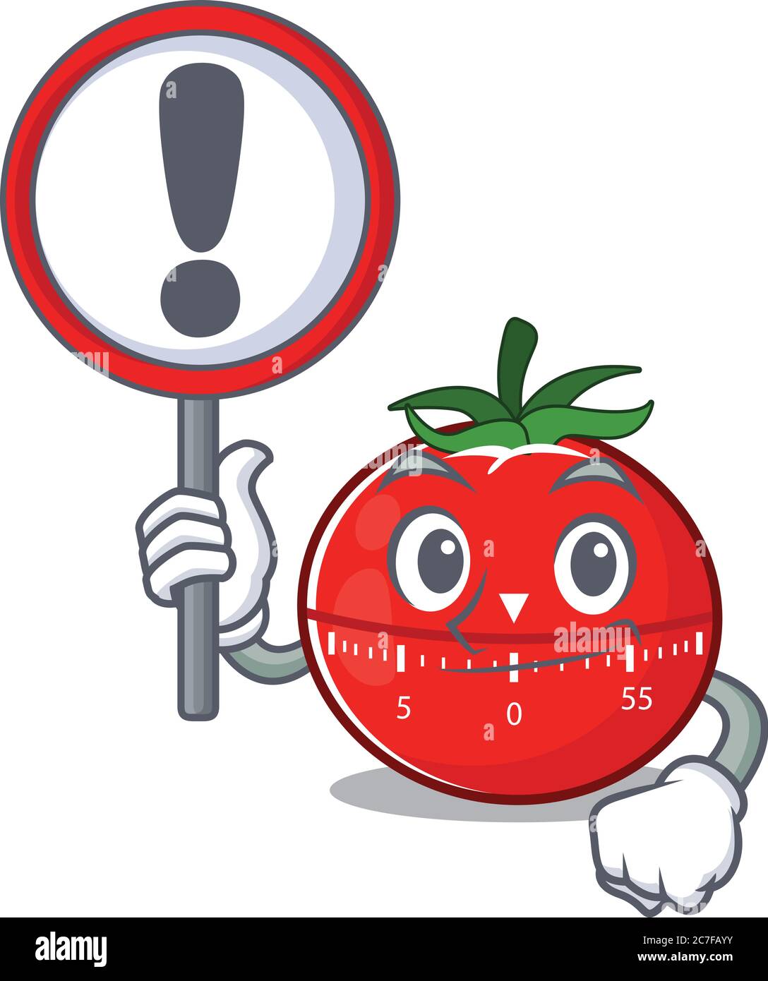 A cartoon icon of tomato kitchen timer with a exclamation sign board ...
