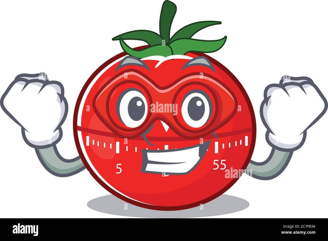 A cartoon mascot of tomato kitchen timer in a fantastic Super hero ...