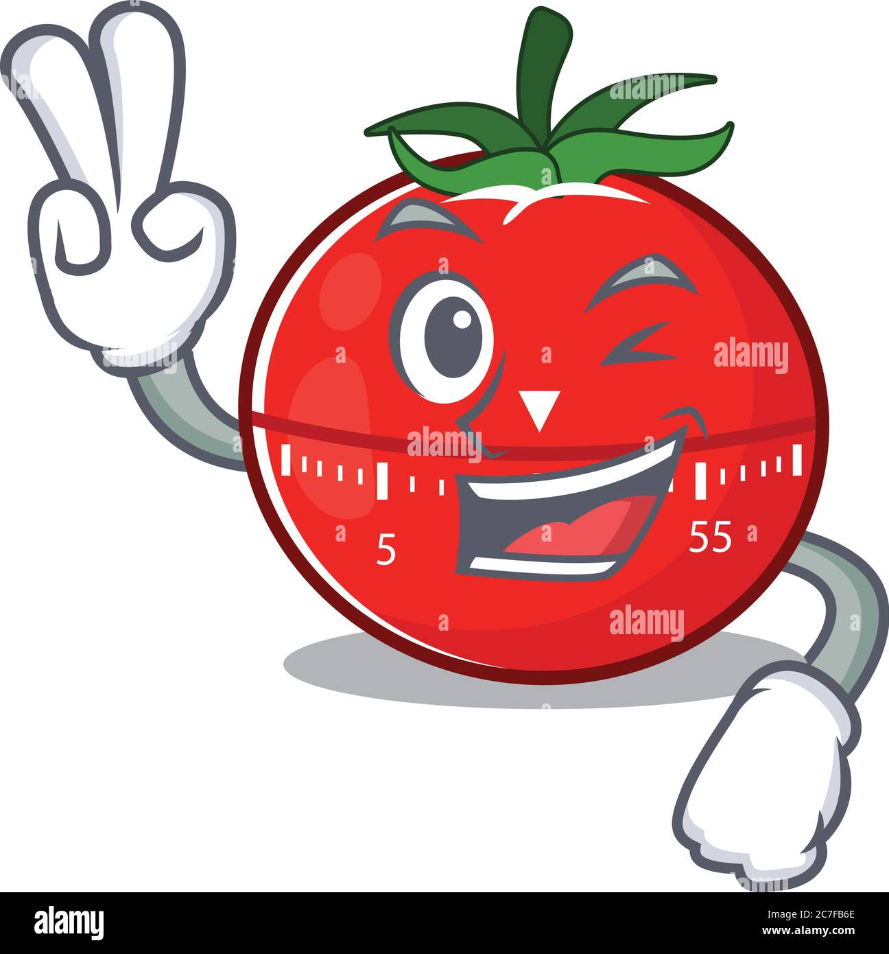 A joyful tomato kitchen timer cartoon mascot style show two fingers ...
