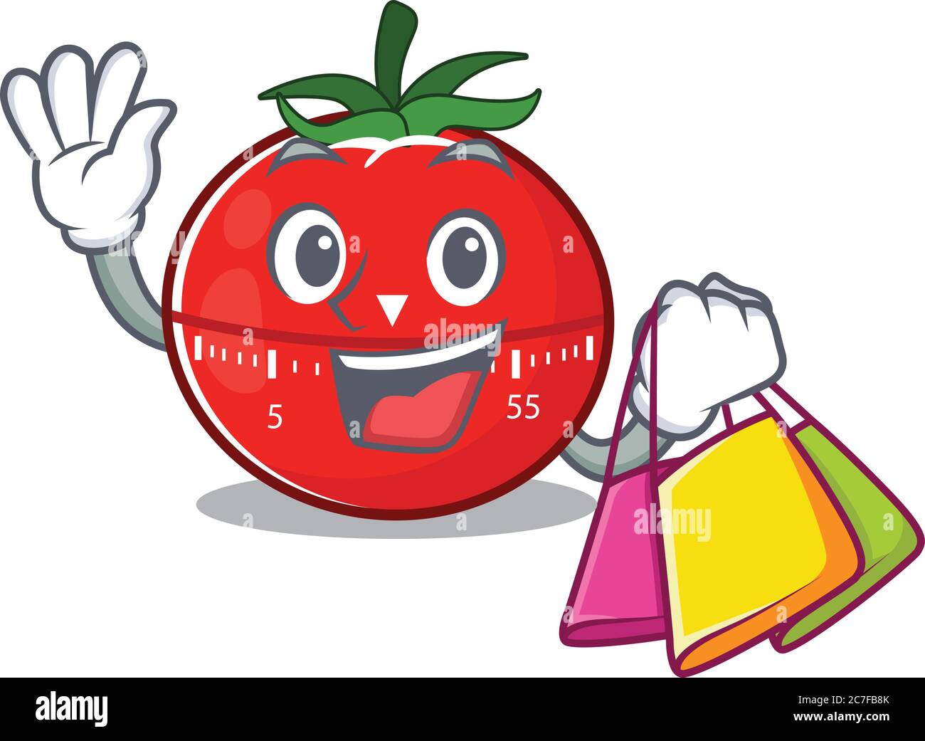 Tomato kitchen timer wealthy cartoon character concept with shopping ...
