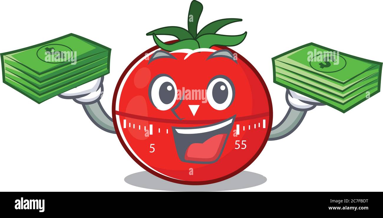 A wealthy tomato kitchen timer cartoon character having much money on ...