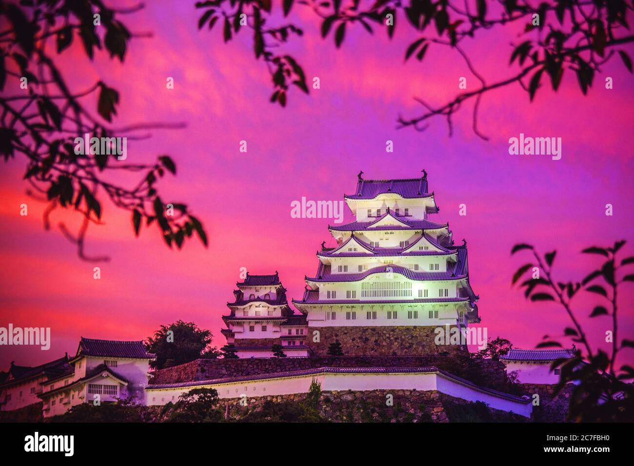 Himeji castle and sakura blossom with white sky in himeji hi-res stock ...