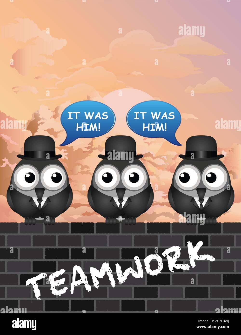 Comical teamwork with bird businessmen perched on a wall blaming a ...