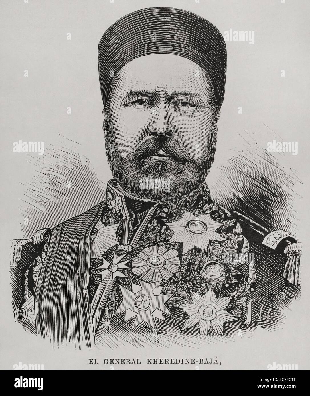 El General Kheredine Bajá, Gran Visir de Turquía. Grabado por Vela. La ...